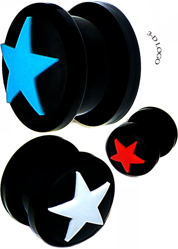 Schwarzer Ohr Piercing Gewinde Plug mit 3D Stern Logo | STRPL