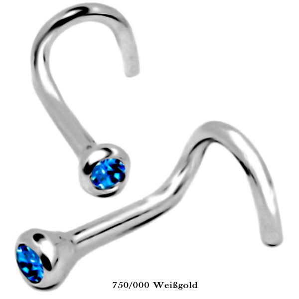 750 echt Weißgold Nasenpiercing Stecker Hellblauem Stein